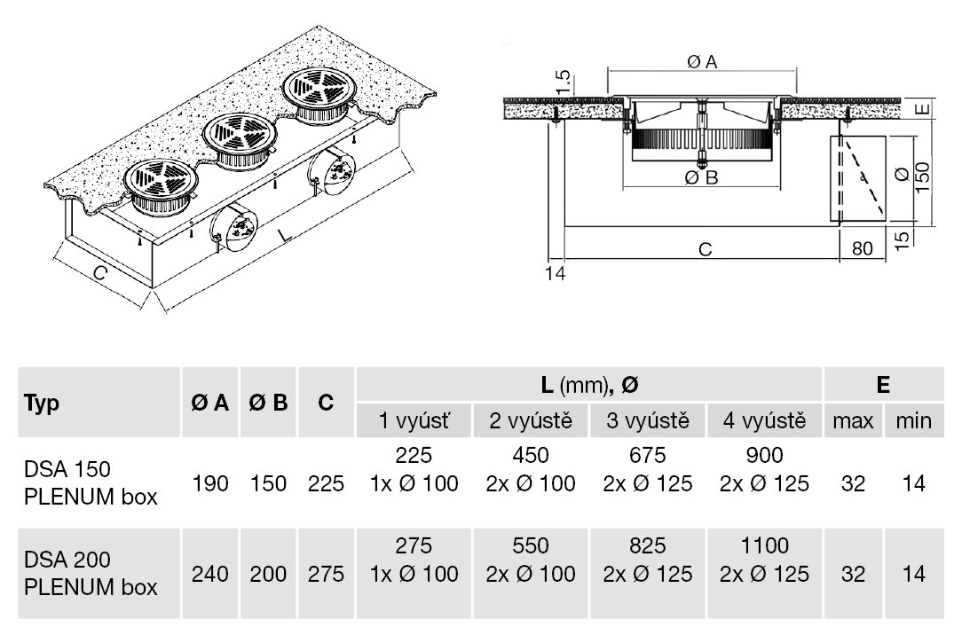 DSA-200 PLENUM box pre podlahový výfuk DSA | Elektrodesign